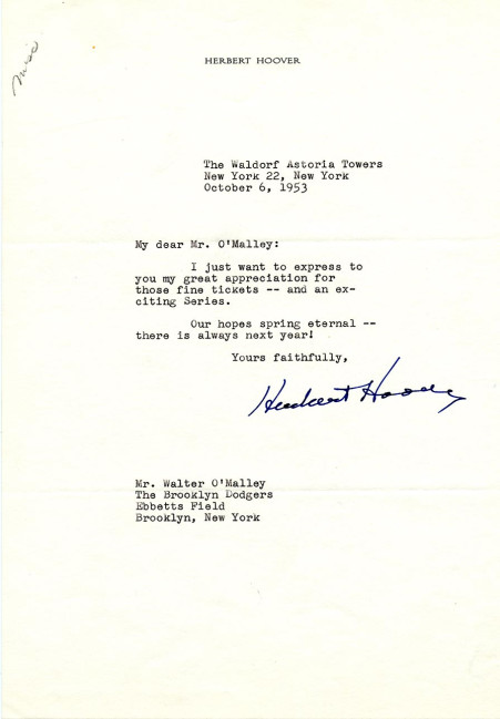 Letter from Herbert Hoover to Walter O’Malley | Personal Correspondence ...