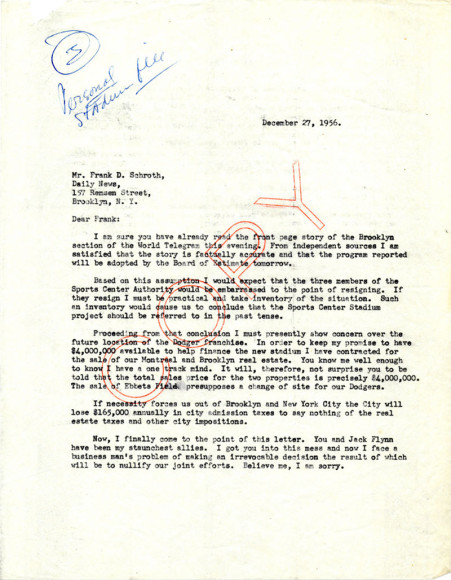 Letter from Walter O’Malley to Frank Schroth | Business Correspondence ...