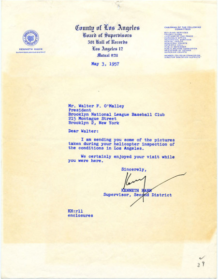 Letter from Kenneth Hahn to Walter O’Malley | Business Correspondence ...