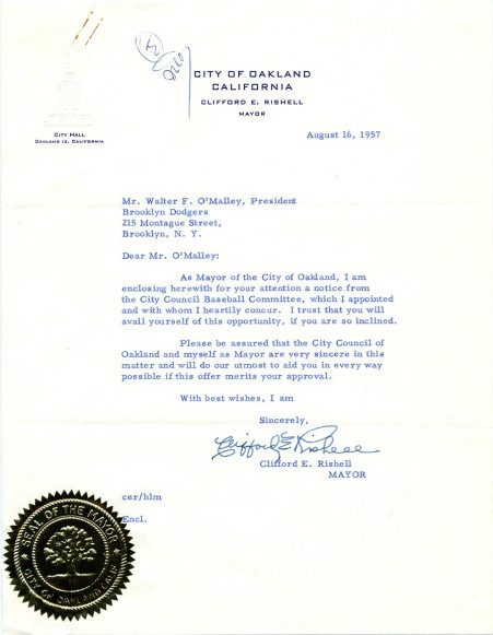 Letter from Clifford Rishell to Walter O’Malley | Business ...
