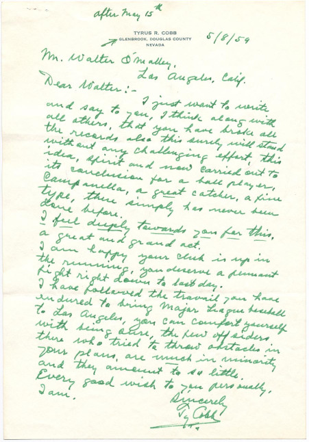 Letter from Ty Cobb to Walter O’Malley | Personal Correspondence ...