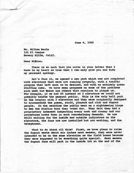 Letter from Walter O’Malley to Milton Berle | Personal Correspondence ...