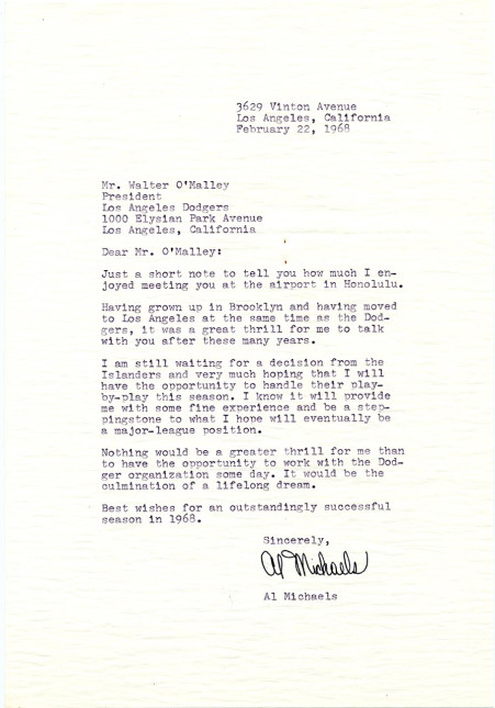 Letter from Al Michaels to Walter O’Malley | Personal Correspondence ...